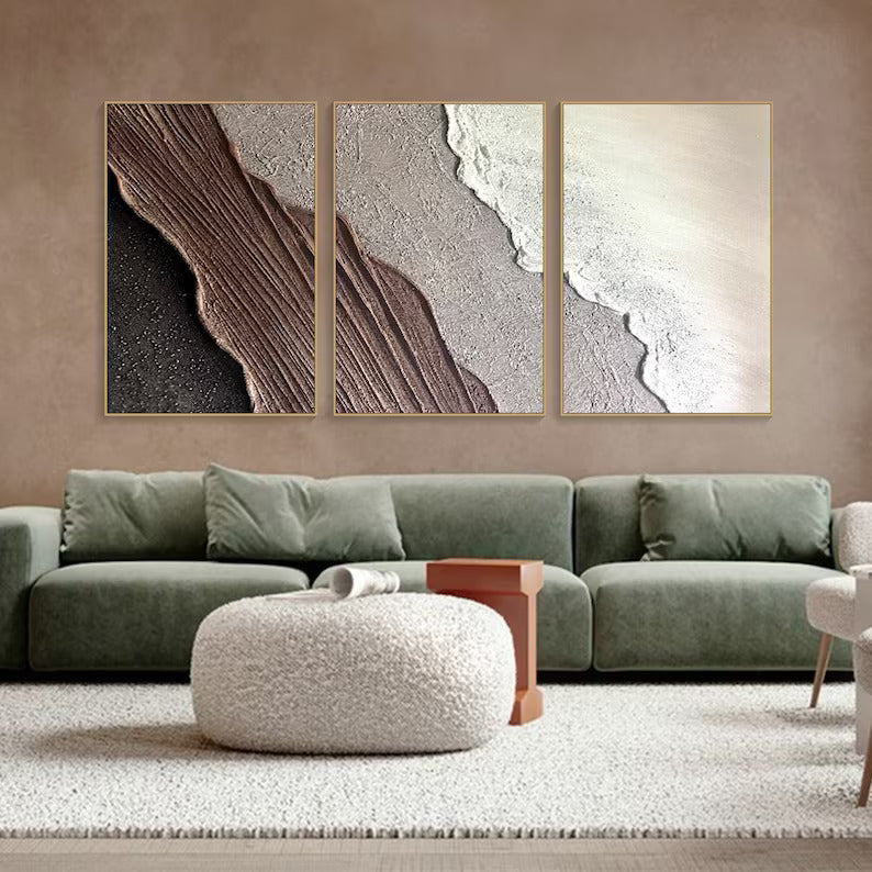 Beige Textured Abstract Ocean waves art (set of 3) – Astawallart